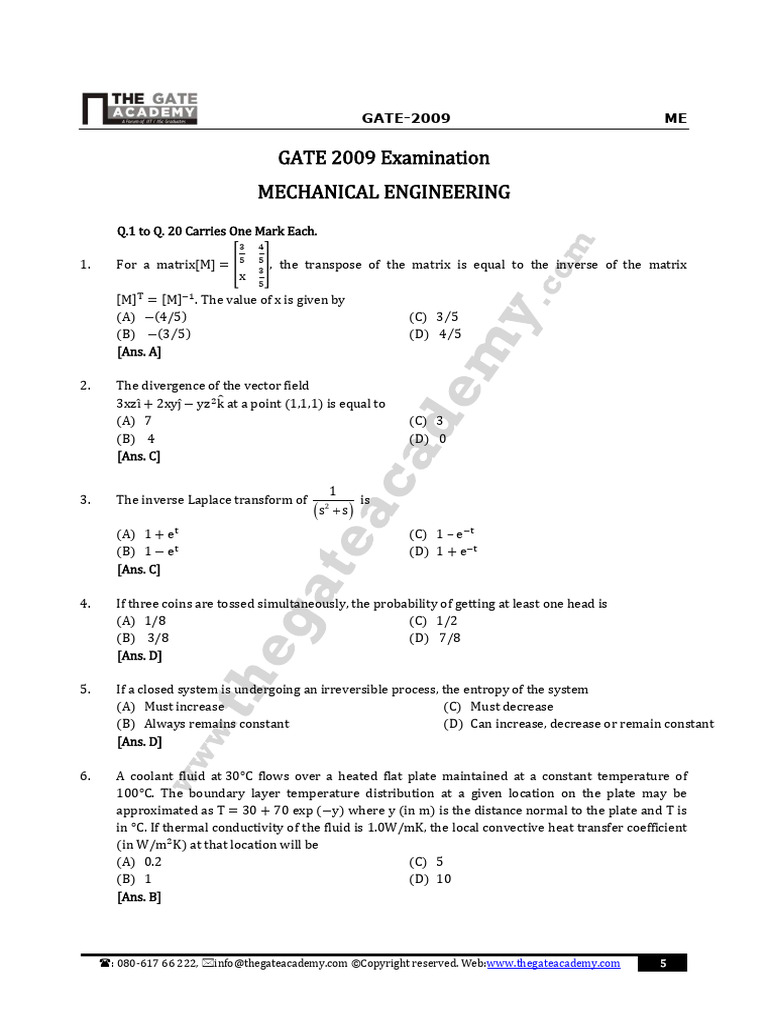 Gate 2009 Mechanical Engineering Deleted Pages Pdf Gear Heat
