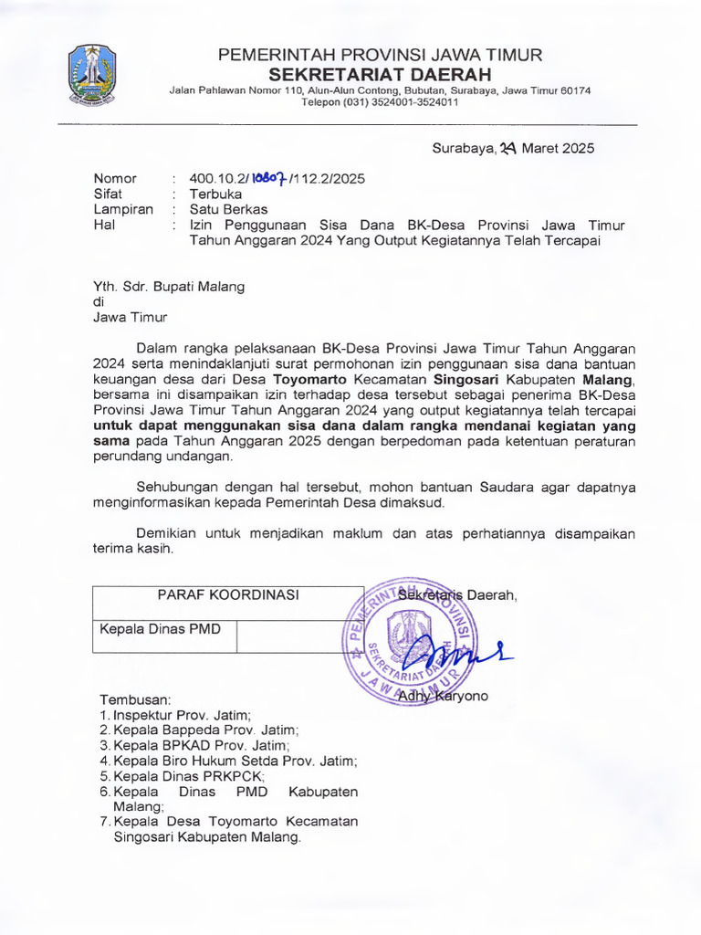 Bupati Malang - Izin Penggunaan Sisa Dana BK Desa Prov Jatim TA 2024 Yang Output Kegiatan Telah ...