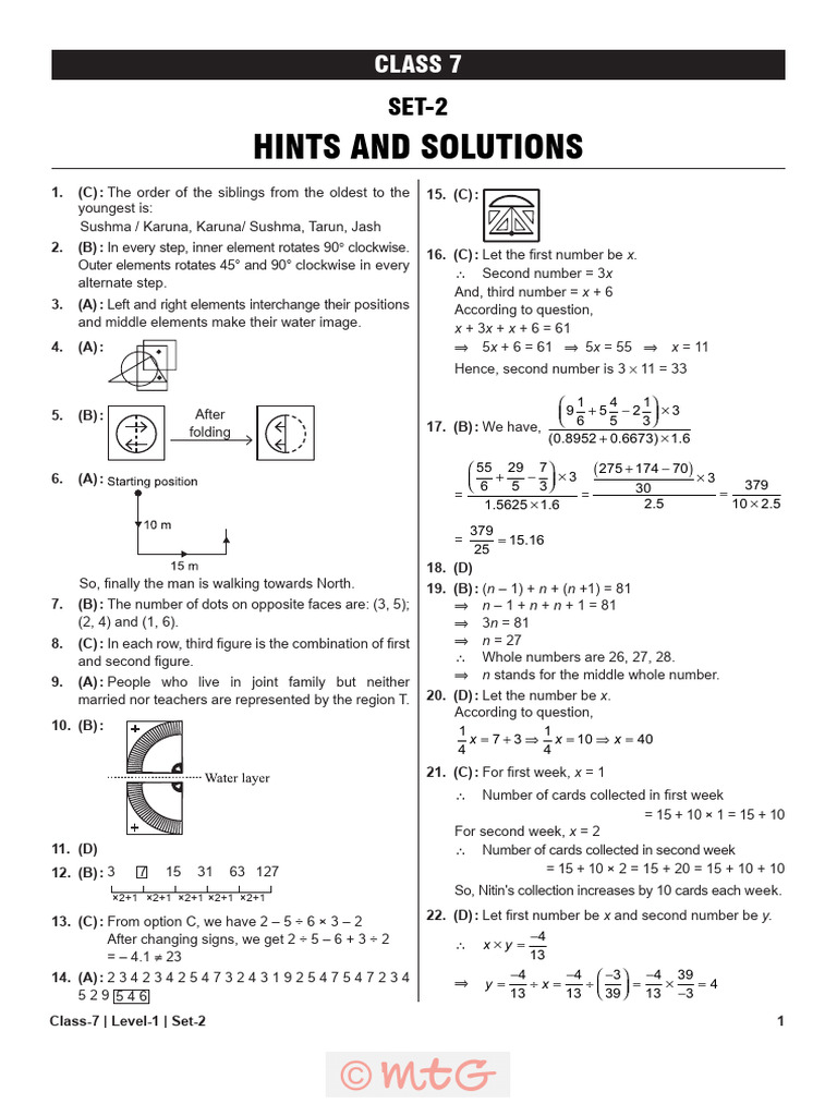 Imo Level1 Solution Class 7 Set 2 | PDF | Area | Length