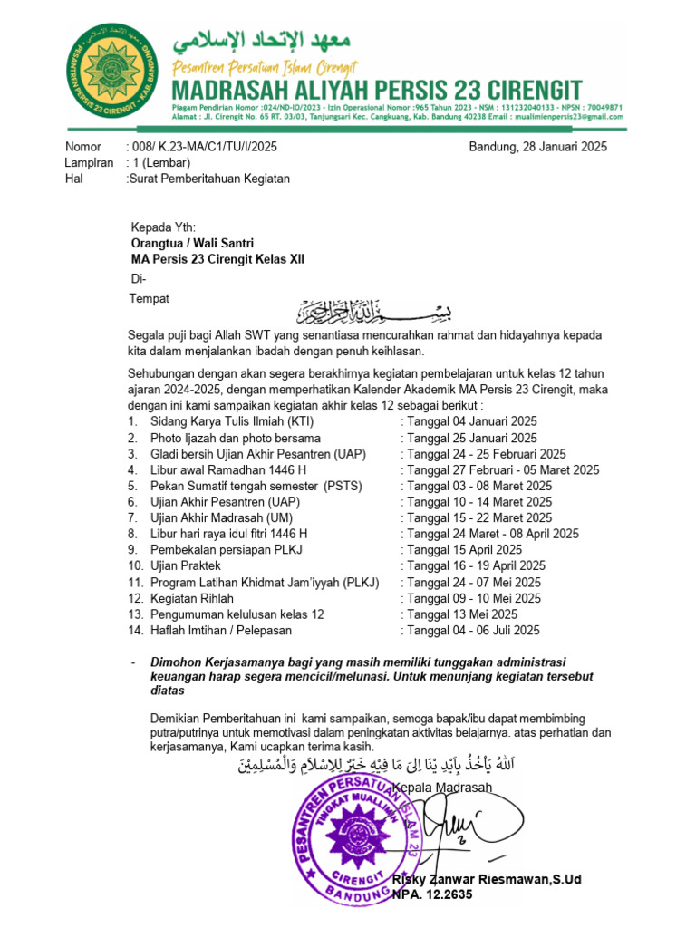 Surat Pemberitahuan Kelas Xii | PDF