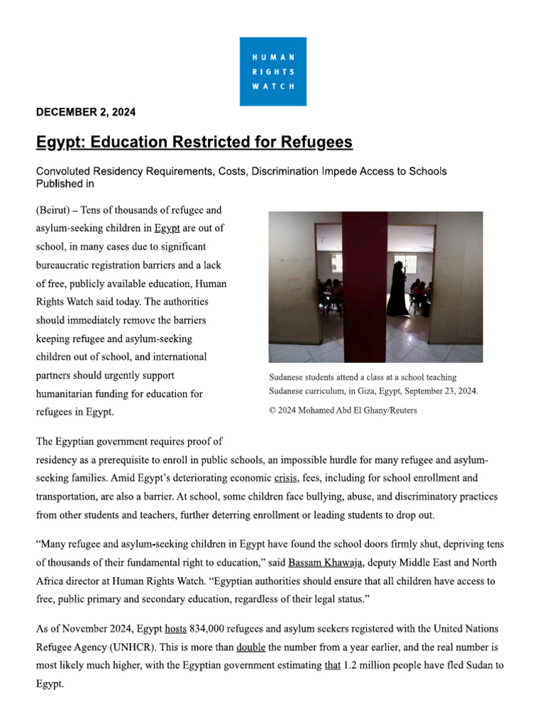 Egypt - Education Restricted For Refugees | PDF