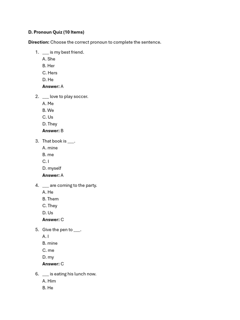 Pronoun Quiz: Test Your Knowledge | PDF