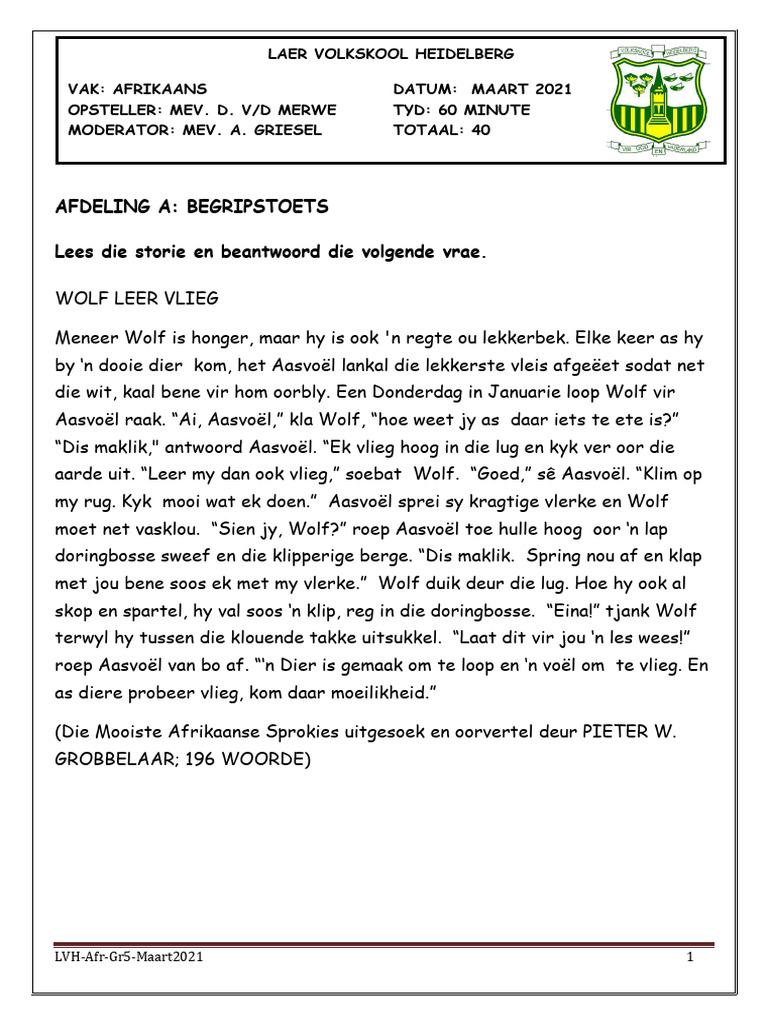 Afdeling A: Begripstoets Lees Die Storie en Beantwoord Die Volgende ...