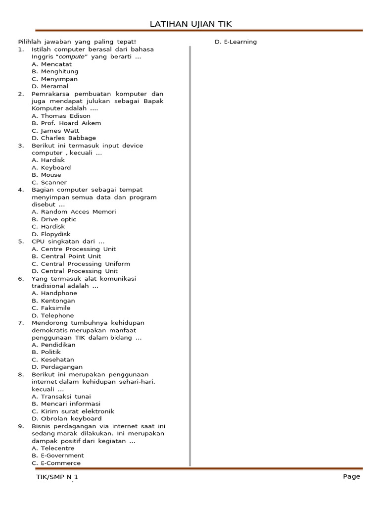 Latihan-Soal-Usek-Tik Kelas 9 | PDF