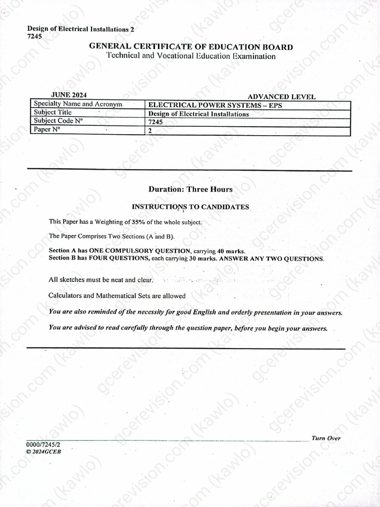 A Level Design of Electrical Installation Paper 2b(2024) | PDF