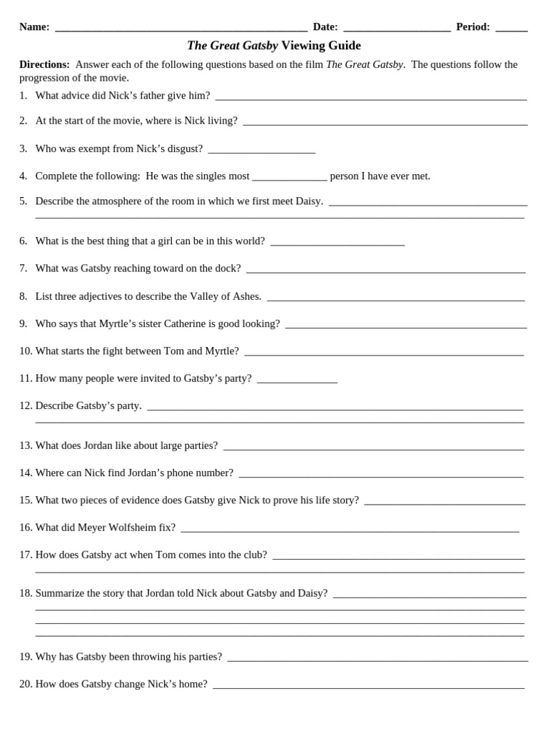 The Great Gatsby: Viewing Guide | PDF | The Great Gatsby