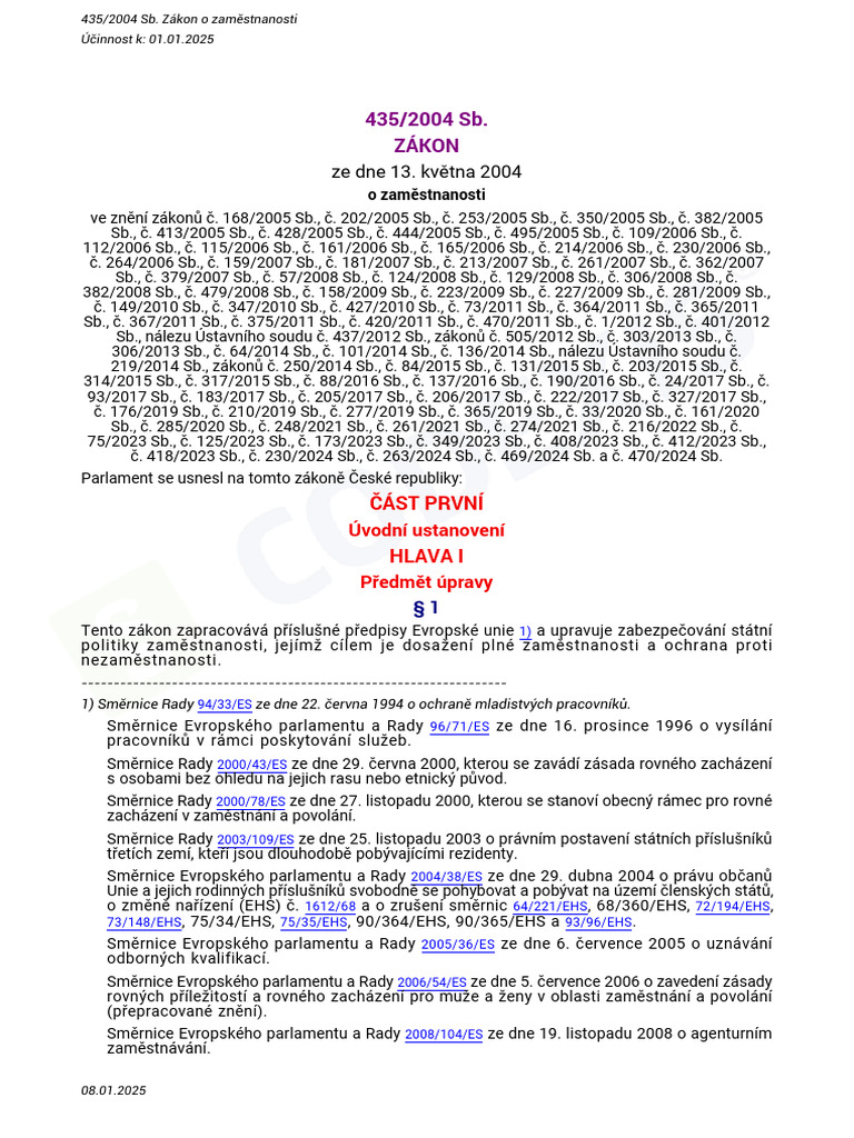 Zákon+o+zaměstnanosti k+1.+1.+2025 | PDF