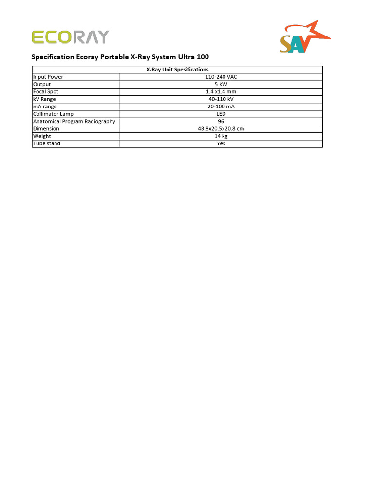 Specification Ecoray Portable X-Ray System Ultra 100 | PDF