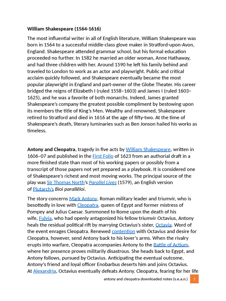 Antony and Cleopatra: A Tragic Summary | PDF | Mark Antony | Augustus