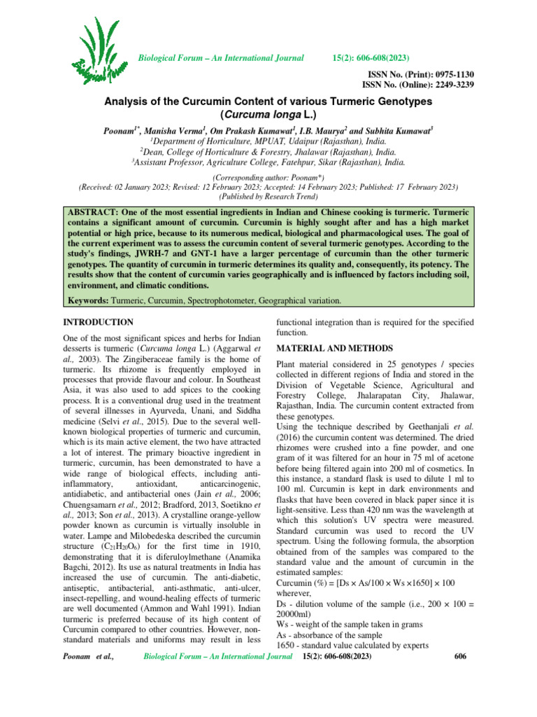 Analysis of The Curcumin Content of Various Turmeric Genotypes (Curcuma ...
