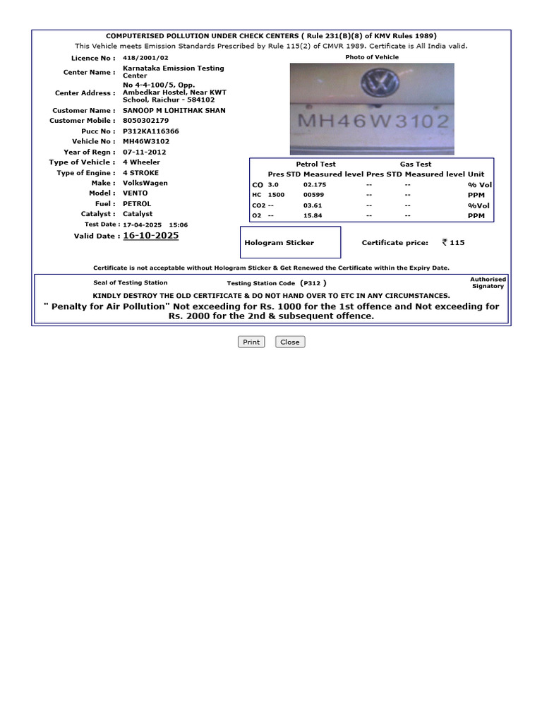 This Vehicle Meets Emission Standards Prescribed by Rule 115 (2) of ...