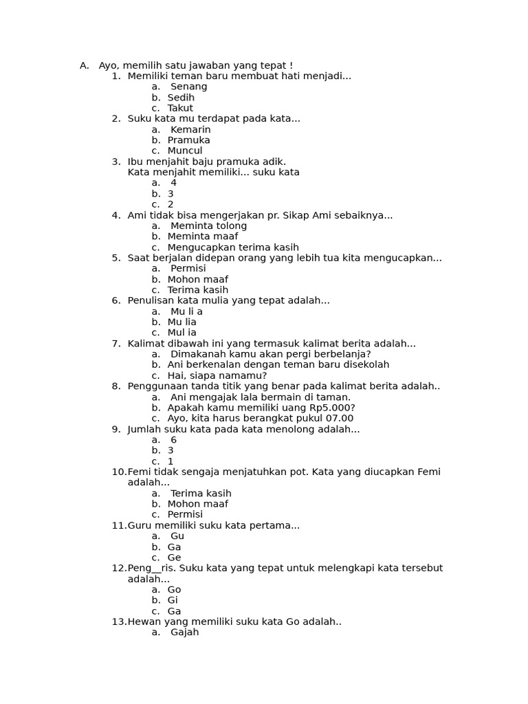 Kuis Interaktif Bahasa Indonesia Anak | PDF