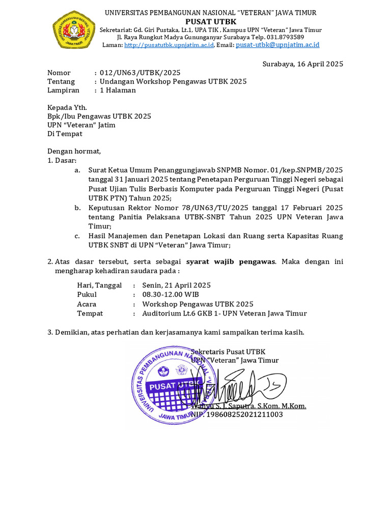 012 Undangan Workshop Pengawas UTBK | PDF