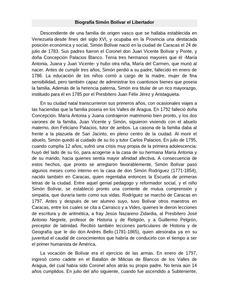 Biografía de Simón Bolívar, el Libertador | PDF