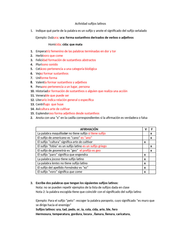 Actividad Sufijos Latinos | PDF | Morfología Lingüística | Tipología ...