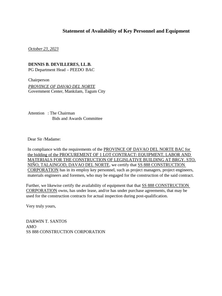 Statement of Availability of Key Personnel and Equipment | PDF