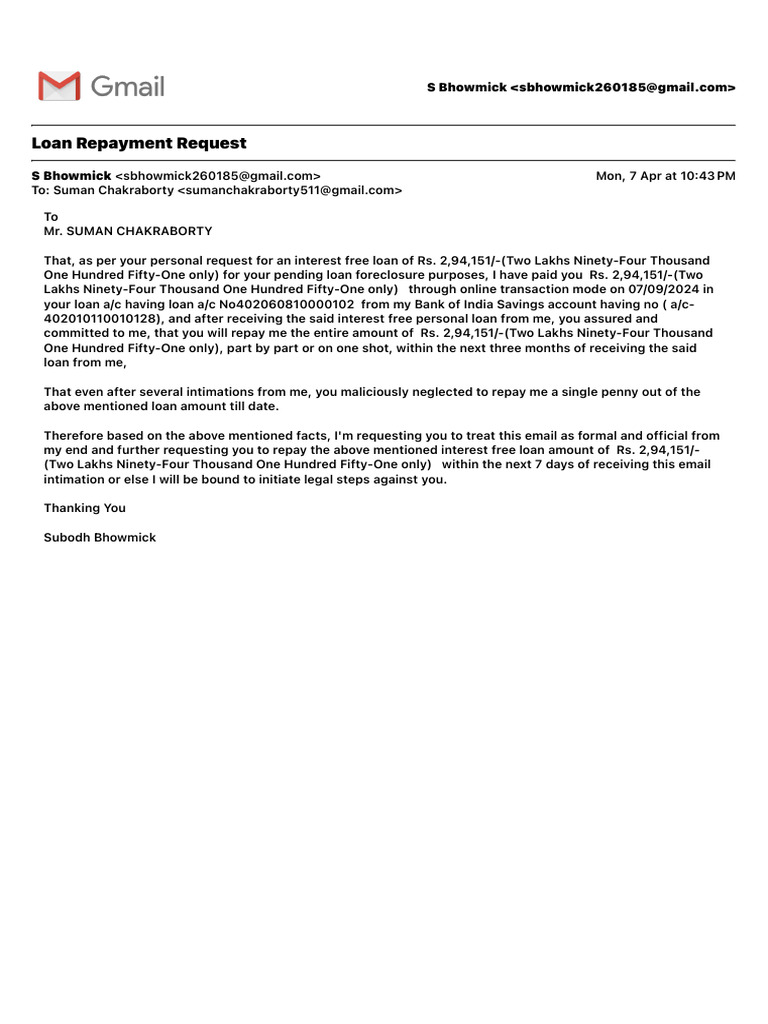 Loan Repayment Request Notice | PDF