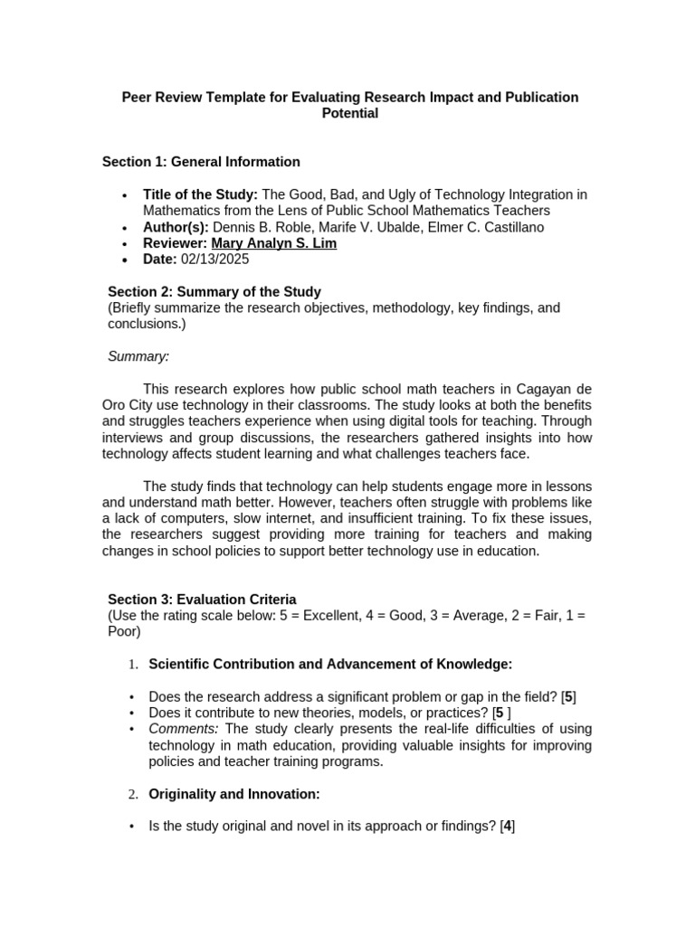 ERM 308 - Peer Review Assignment | PDF | Teachers | Methodology