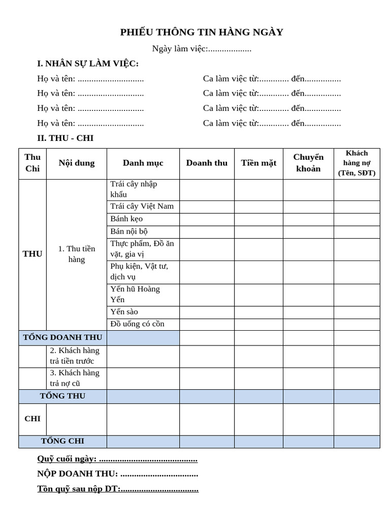 PHIẾU THÔNG TIN HÀNG NGÀY. thế mạnh | PDF