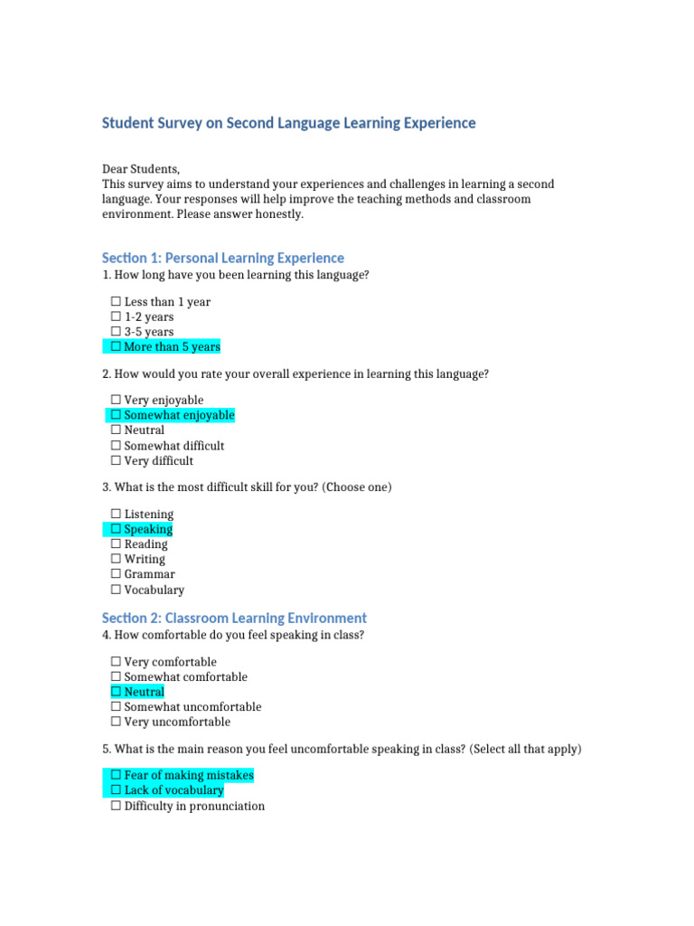 Student Survey Language Learning | PDF | Language Acquisition | Vocabulary