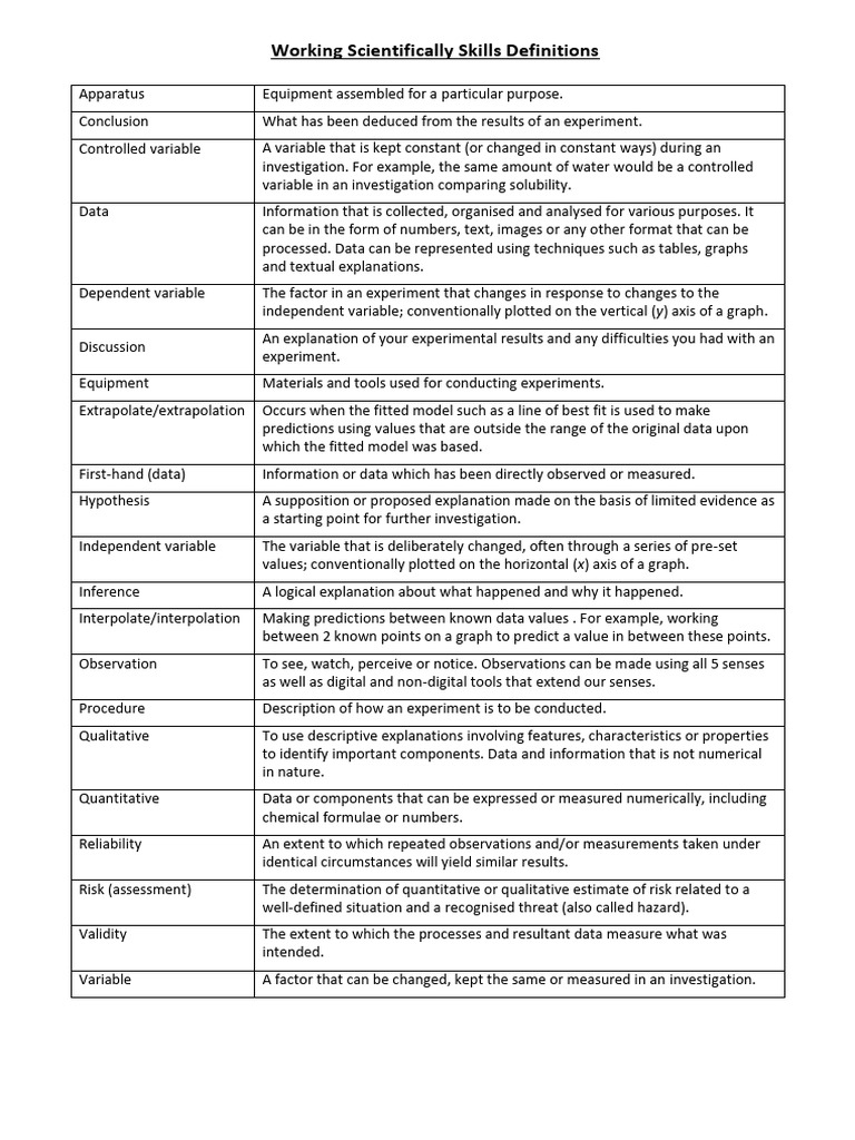 Scientific Skills Definitions Guide | PDF | Experiment | Quantitative ...