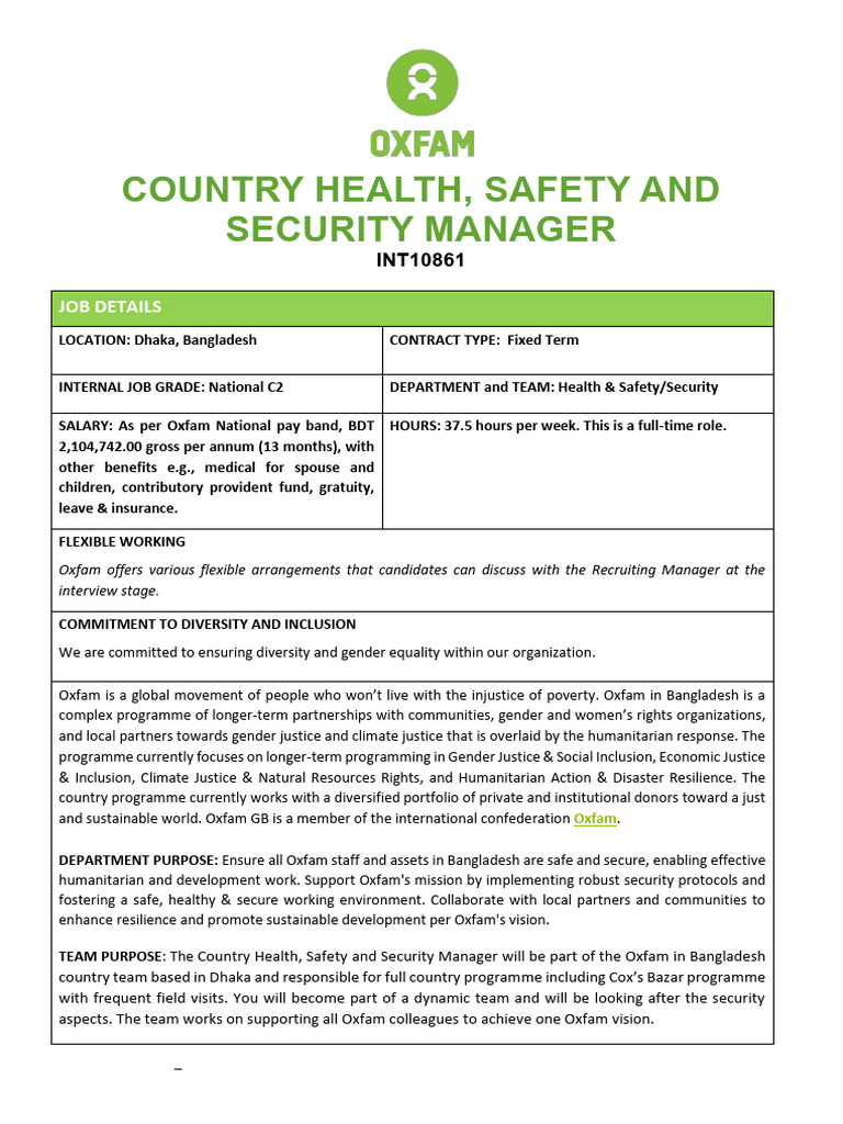 Job Profile - Country Health, Safety & Security Manager | PDF | Oxfam ...