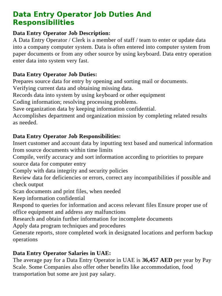 Data Entry Operator Job Duties and Responsibilities | PDF | Data ...