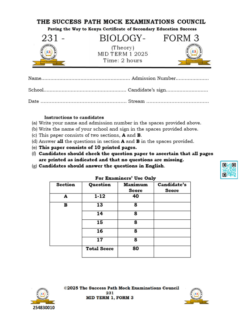 Form 3 Biology Midterm Exam 2025 | PDF | Vein | Digestion