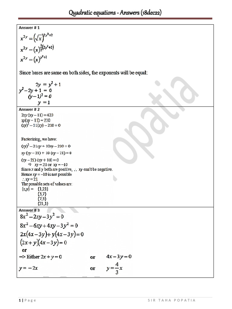 Quadratic equations - test - 18dec22 - Answer | PDF