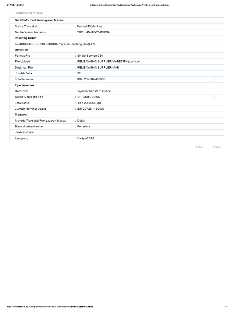 Transaksi Pembayaran Suppliyer Maret Fix | PDF