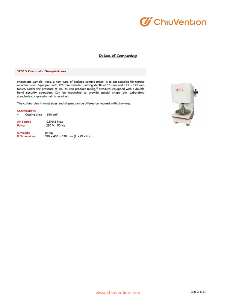 TF515 Pneumatic Sample Press Specs | PDF