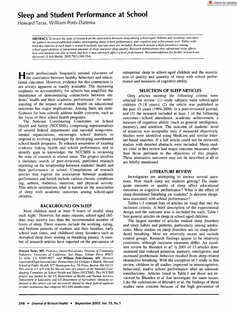 Journal of School Health - 2009 - Taras - Sleep and Student Performance ...