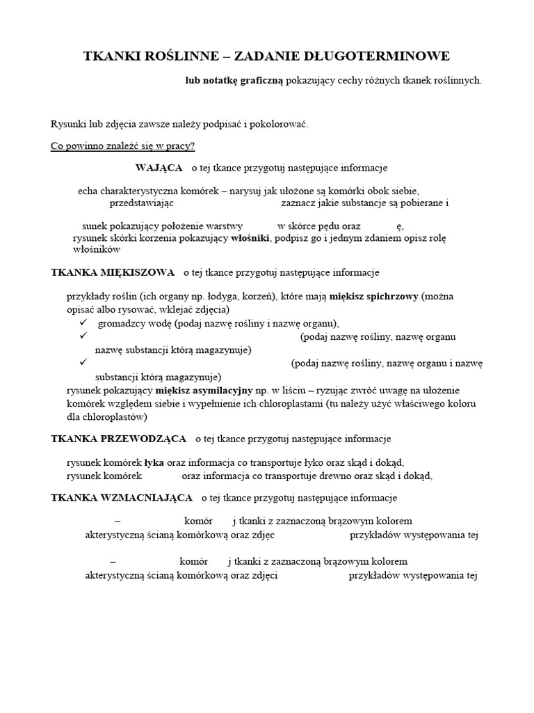 Zadanie Długotermonowa - Tkanki Roslinne | PDF