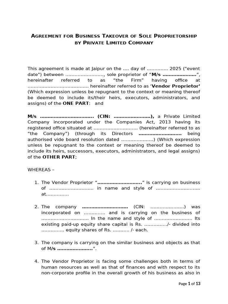 Business Takeover Agreement Template | PDF | Ownership | Sole Proprietorship