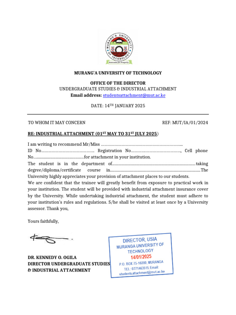 Industrial Attachment Recommendation Letter | PDF