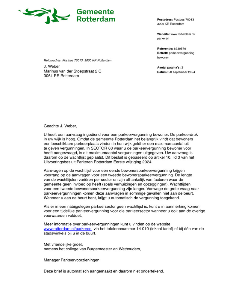 Brief Bevestiging Wachtlijst | PDF