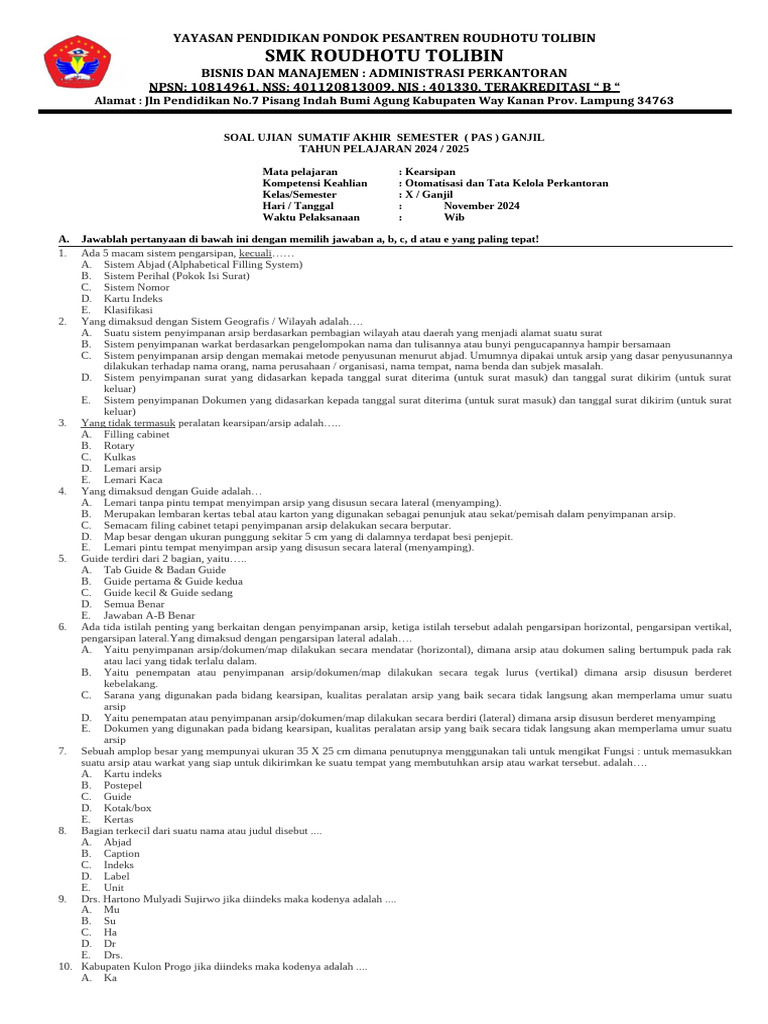 Soal Pas Ganjil Kearsipan Kelas 10 Ganjil 2024 | PDF