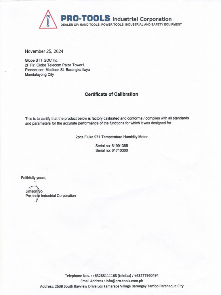 Globe STT Certificate of Calibration Fluke 971 | PDF