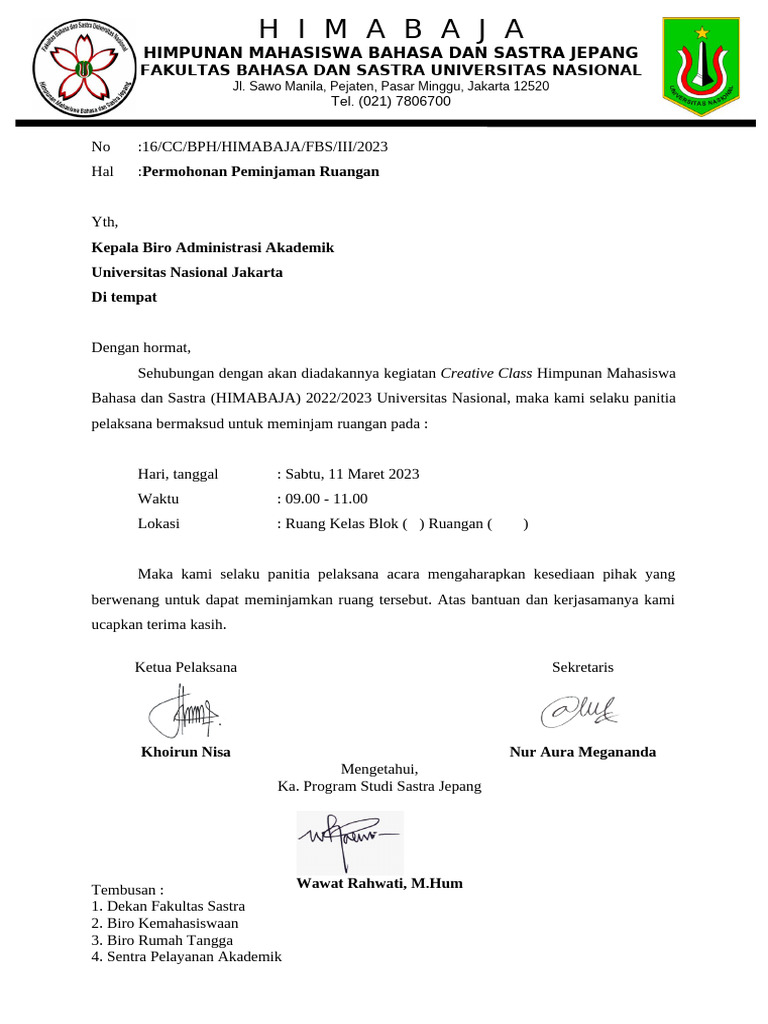 Format Peminjaman Kelas Creative Class 1103 | PDF