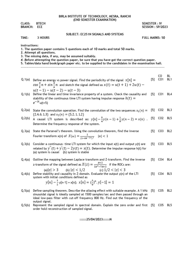 Ec251n Signals and Systems (End - SP23) | PDF | Convolution | Fourier Analysis