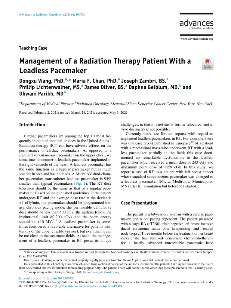 Management of A Radiation Therapy Patient With A Leadless Pacemaker ...