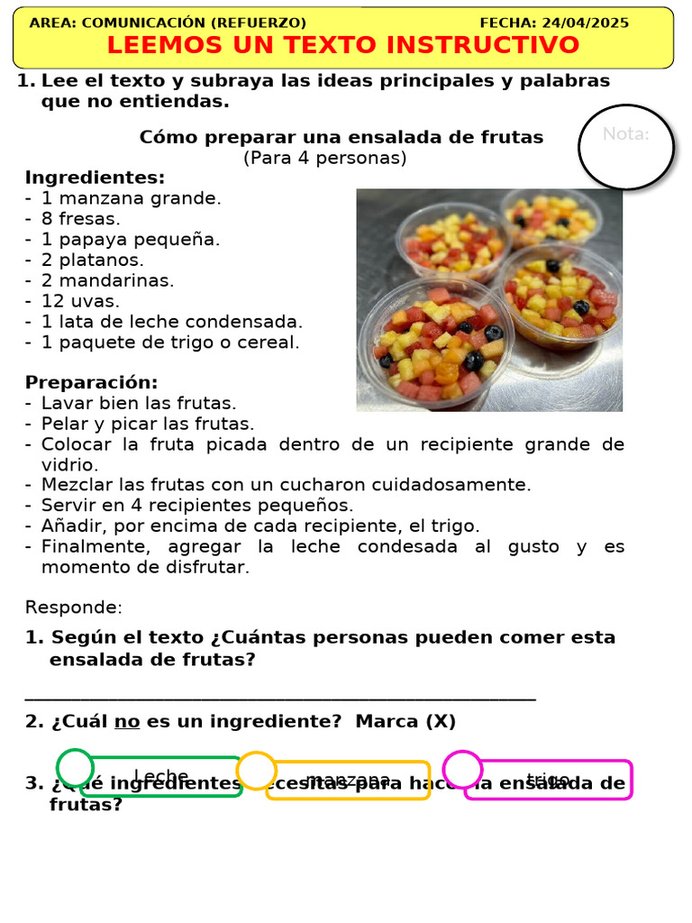 Receta de ensalada de frutas para niños | PDF | Fruta | ensalada