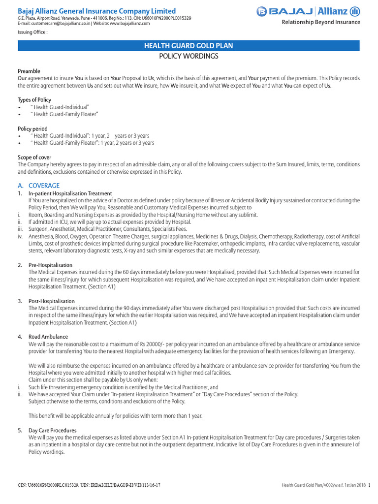 HG Gold Policy Wording & CIS | PDF | Cancer | Hospital