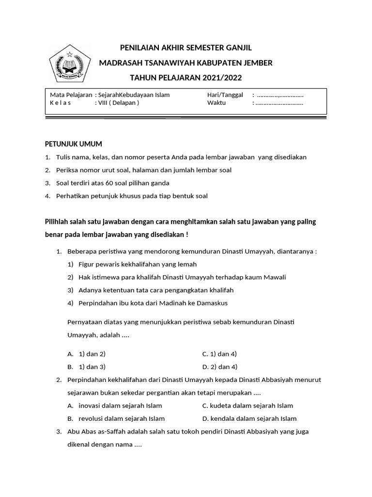 Soal Pas Ski Ganjil Kelas 8 Edit | PDF