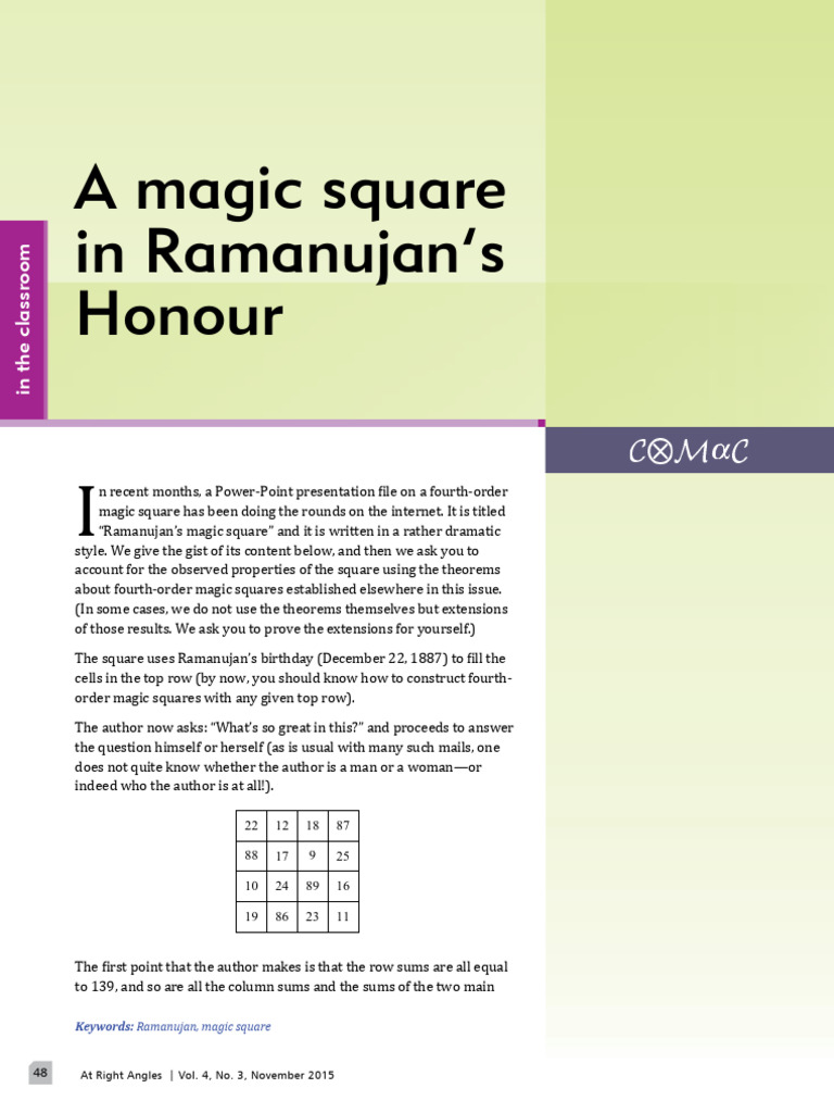 Ramanujans Honour Magic Square | PDF | Mathematics | Algebra