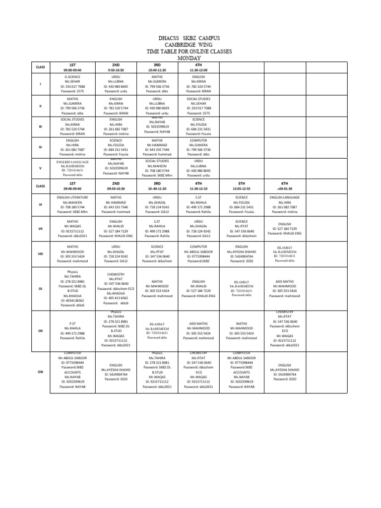 Online Class Timetable for SKBZ Campus | PDF | Urdu
