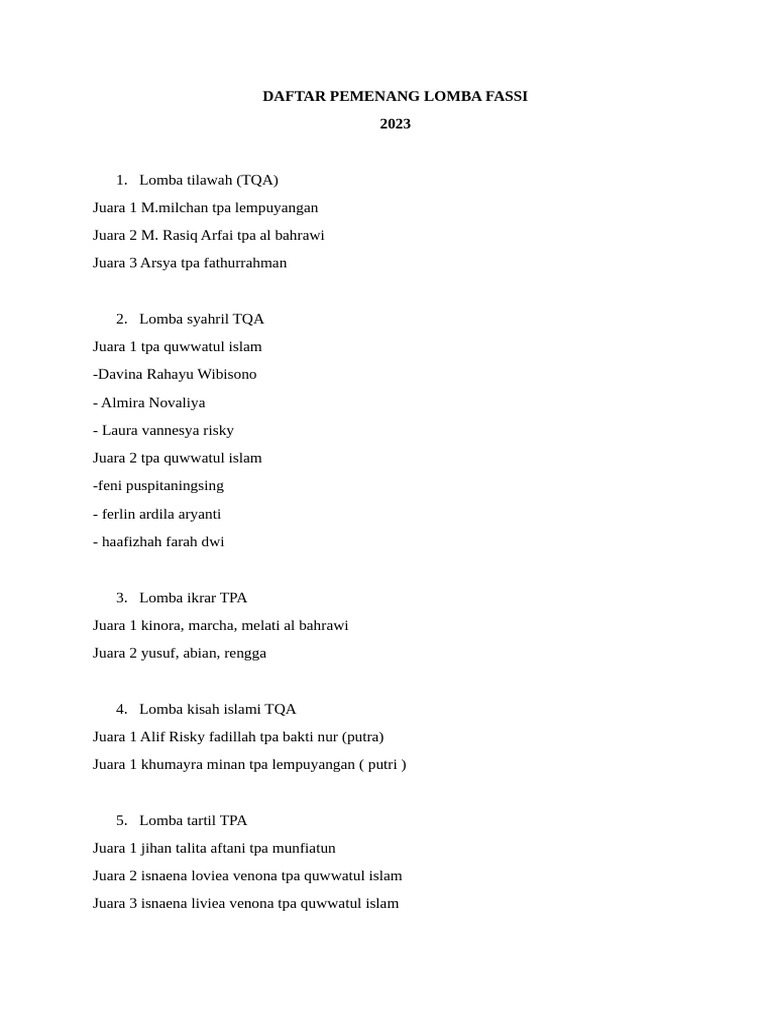 Daftar Pemenang Lomba Fassi | PDF