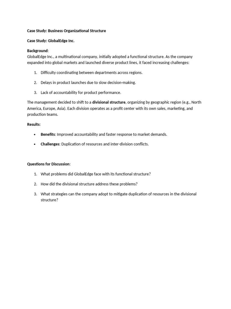 Case Study 1 On Business Organizational Structure Unit 2 | PDF
