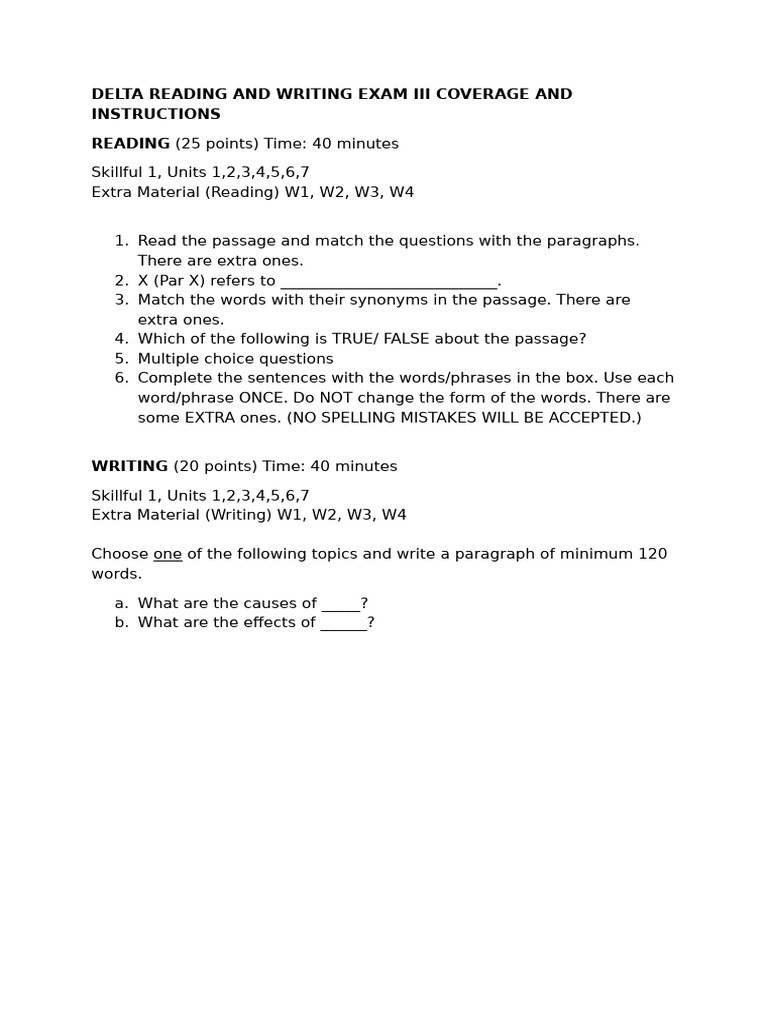 Delta Reading and Writing Exam III Coverage and Instructions | PDF
