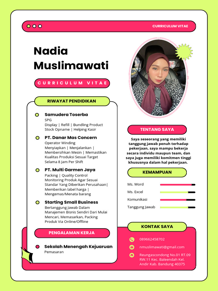 CV Nadia Muslimawati: Pengalaman Kerja dan Kemampuan | PDF